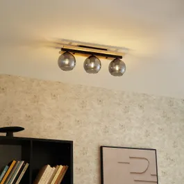Moderne taklampe svart med tre og røykglass 3-lys - Aleks | Lampeoglys.no